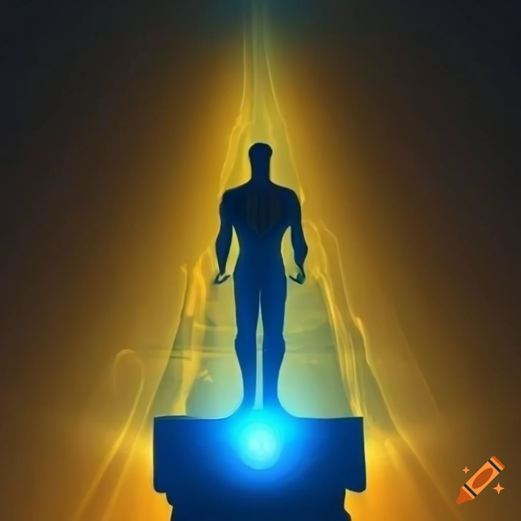 Heroic figure surrounded by gold and blue light energy on Craiyon