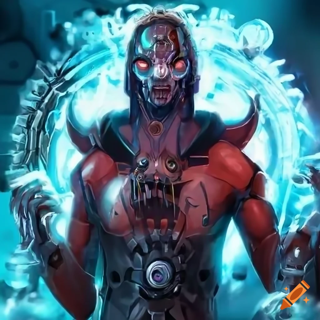 Demon cyborg priest performing magic in a sci-fi laboratory on Craiyon