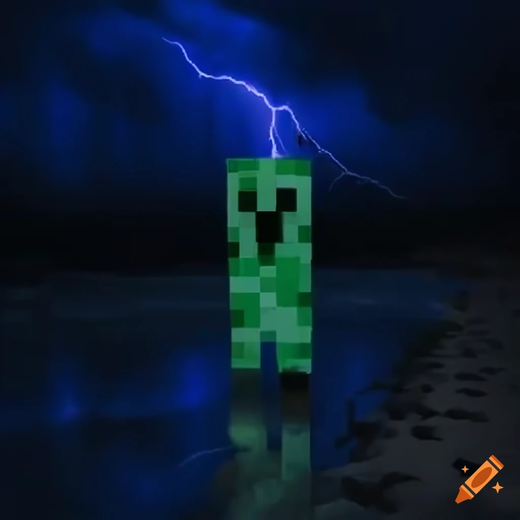 Minecraft creeper standing in the rain with glowing eyes, spooky clouds ...