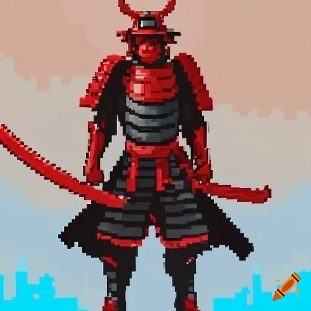 Intricately detailed pixel-art samurai in vibrant red armor in a side-scrolling game scene on ...