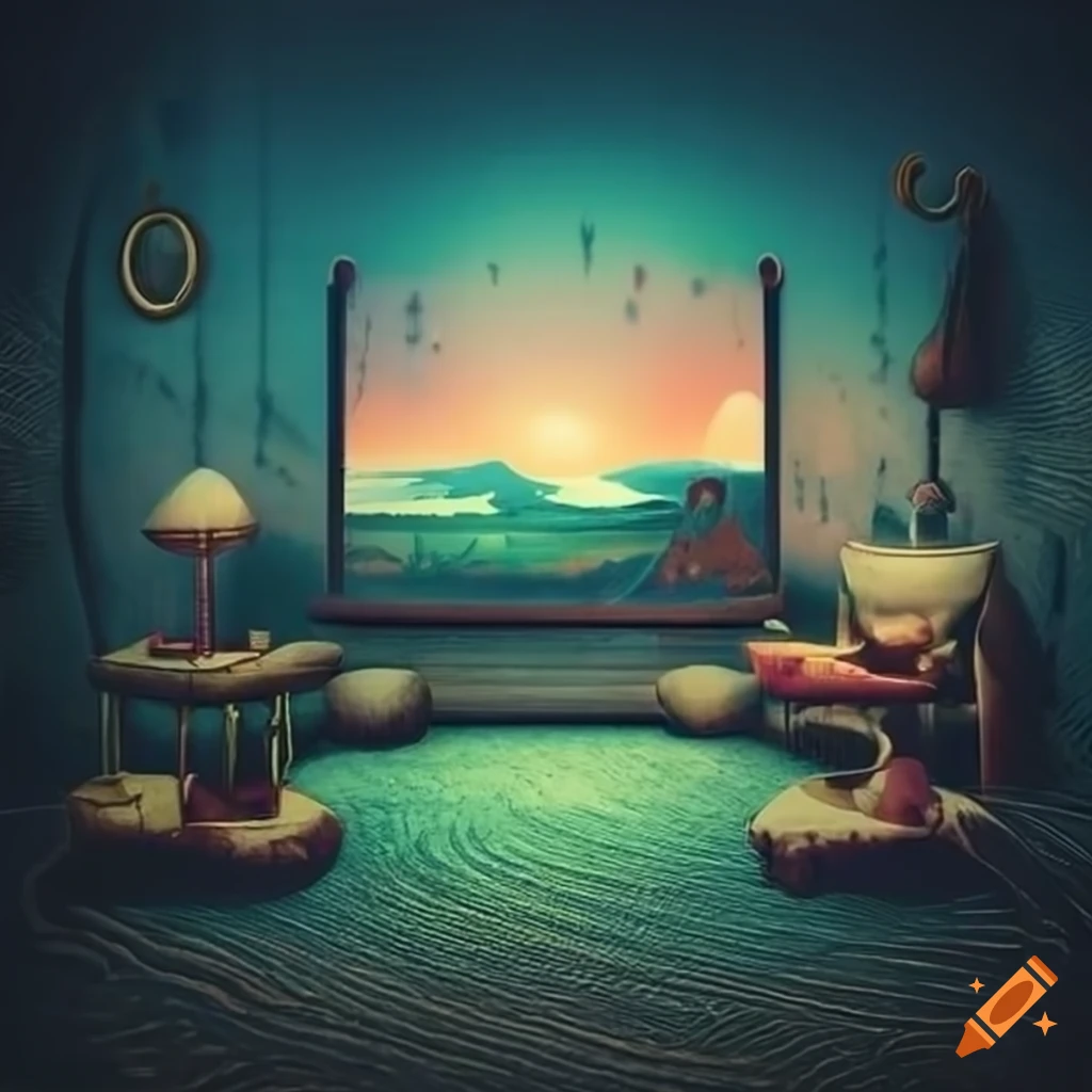 Surrealist landscape with random interior design objects on Craiyon