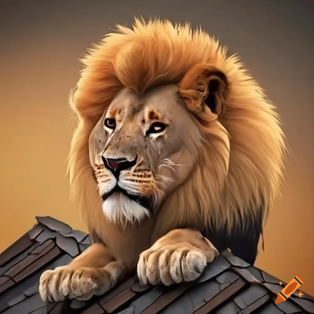 Animated male lion on a house roof on Craiyon