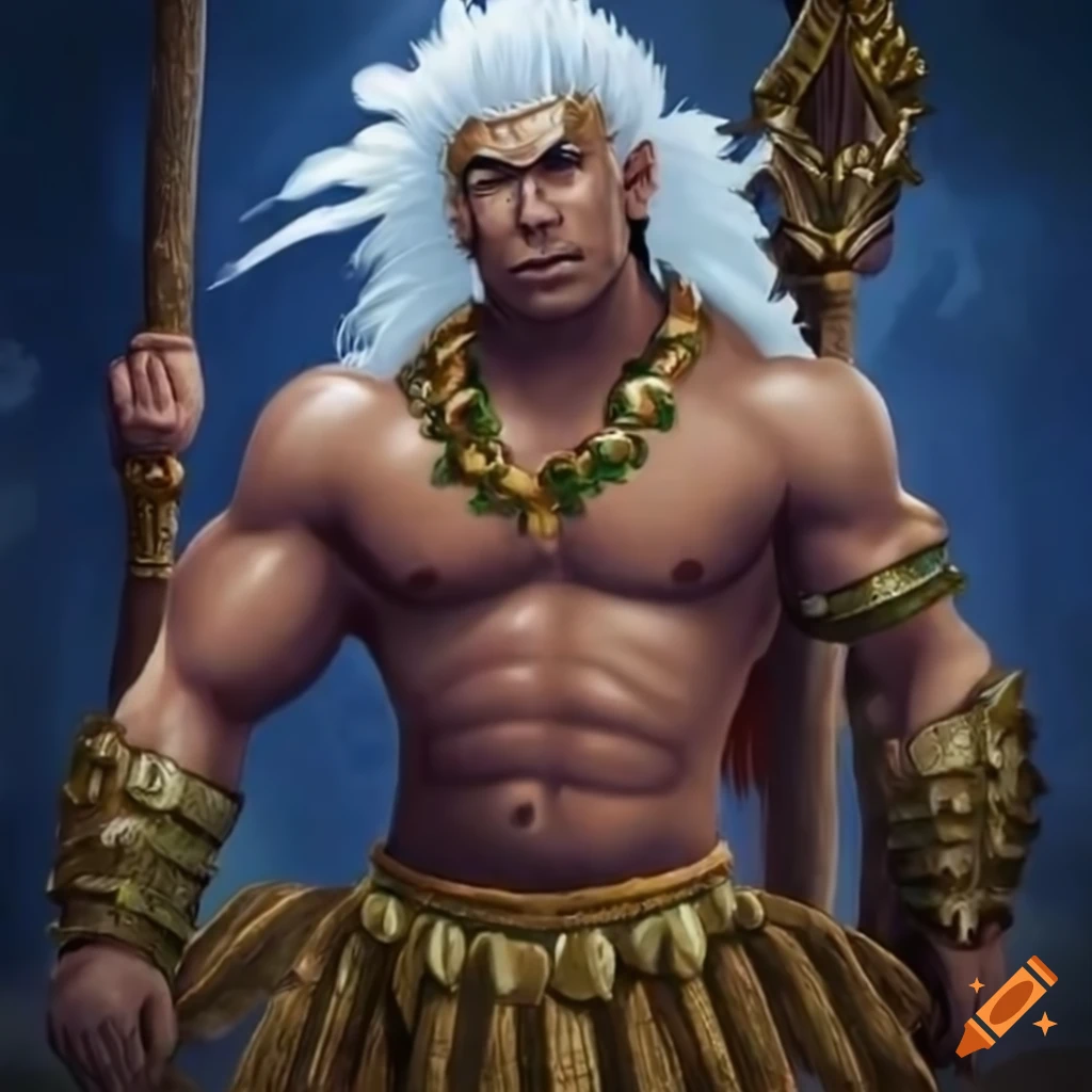 Tongan mythology god with white hair and traditional clothing on Craiyon