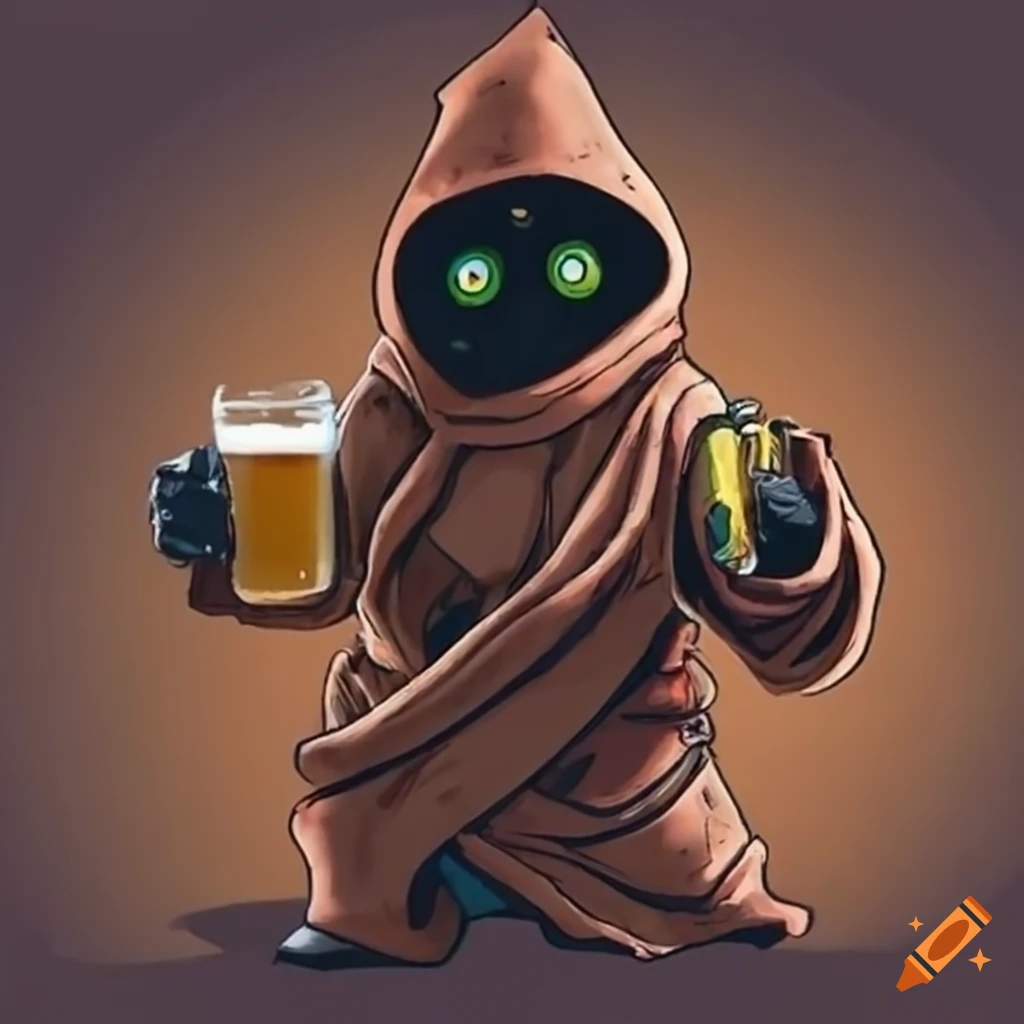 Star wars jawa holding beer and feeling sick on Craiyon