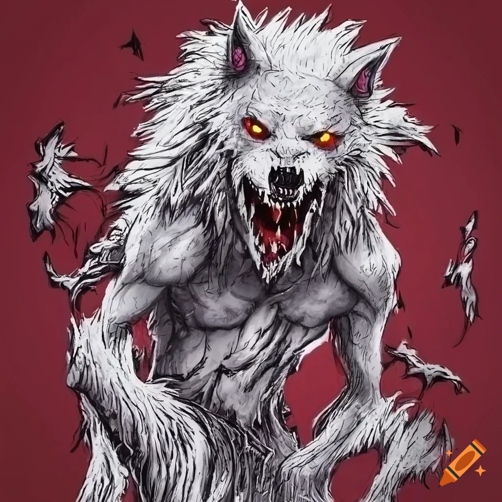 Dark fantasy ink drawing of a white werewolf monster with torn red coat ...
