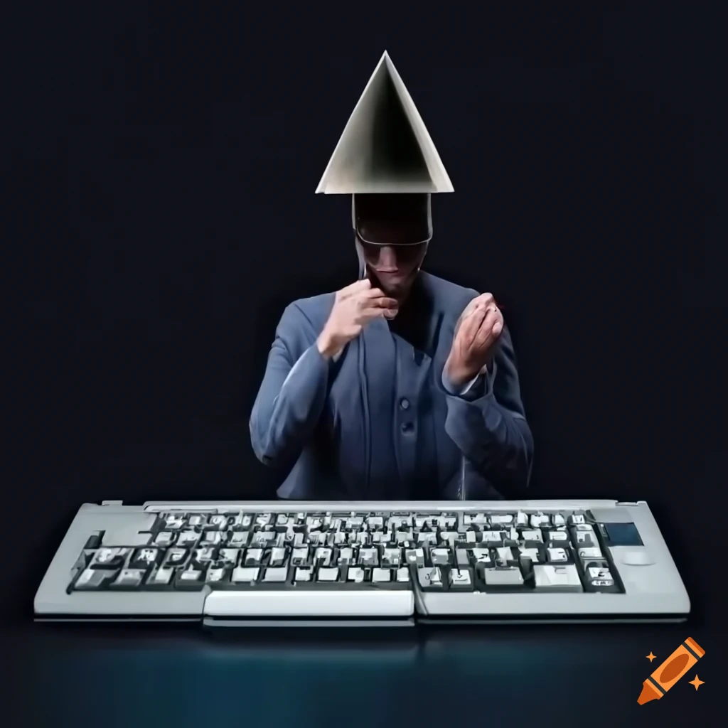 Man with pyramid head typing on a computer keyboard on Craiyon