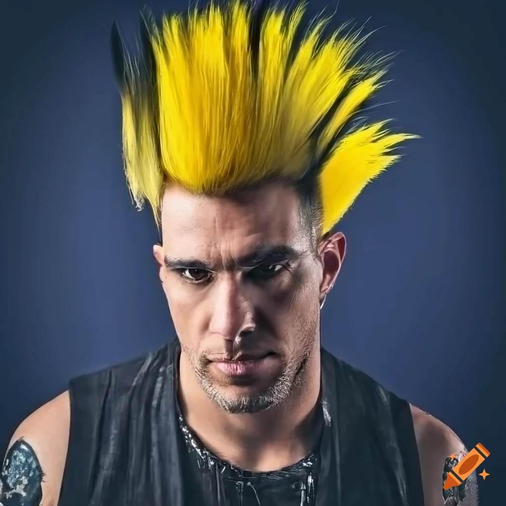 Close-up of male punk with yellow mohawk on indigo background on Craiyon