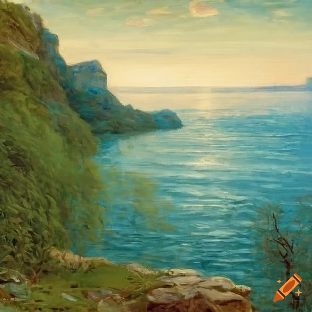 Mountainous green and sea background inspired by john william ...