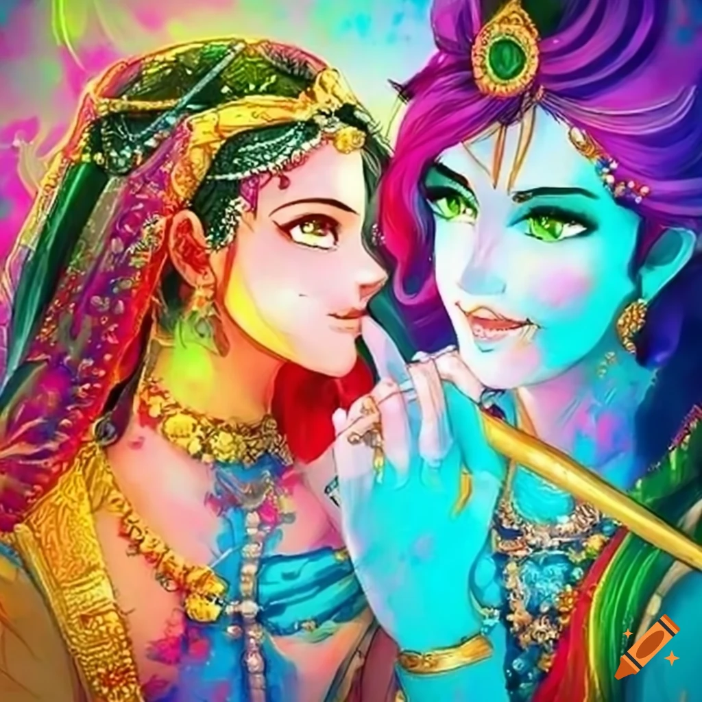 Anime lord krishna and radha playing holi on Craiyon