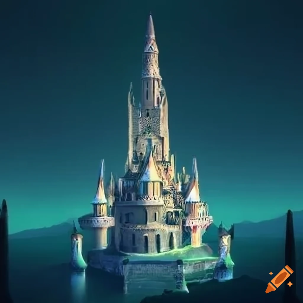 Majestic Citadel of Stars on a towering mountain peak with white stone ...