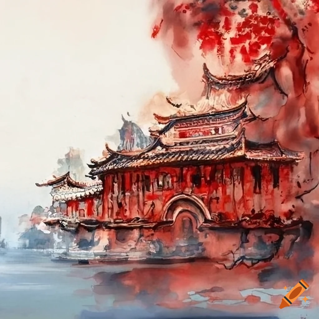 Red wash and ink oriental water painting of an asian temple on Craiyon