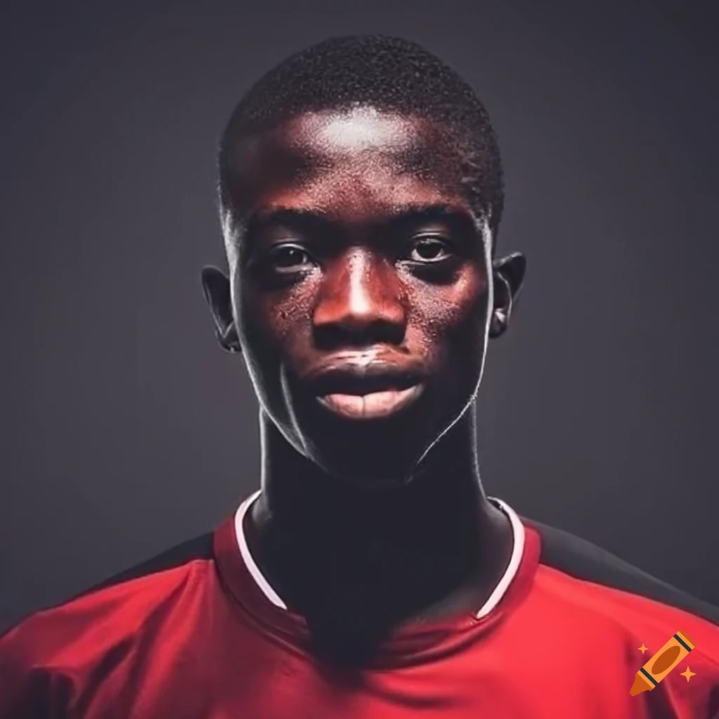 Gambian male soccer player in black and red jersey on Craiyon