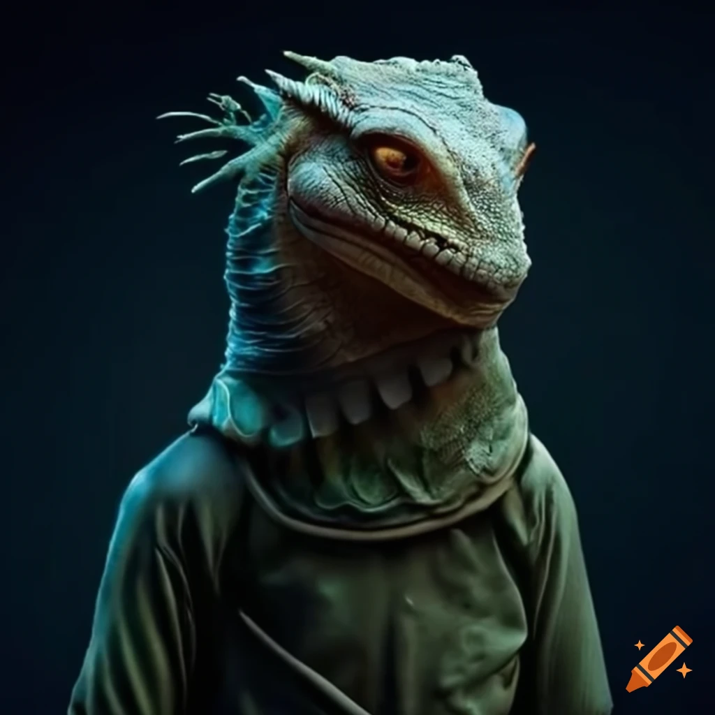Portrait of a reptile-like extraterrestrial creature in clothes on Craiyon