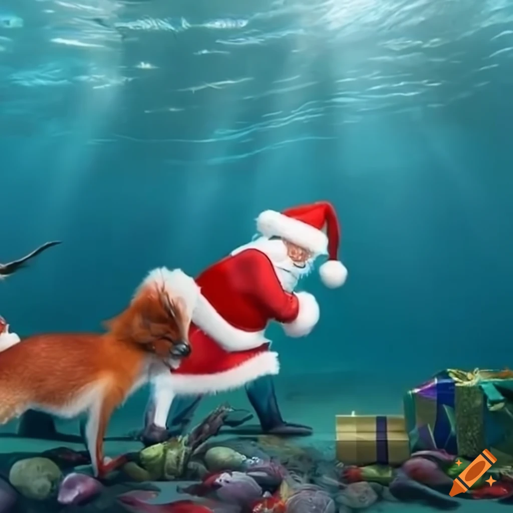 Santa fox underwater with presents and fish elves on Craiyon