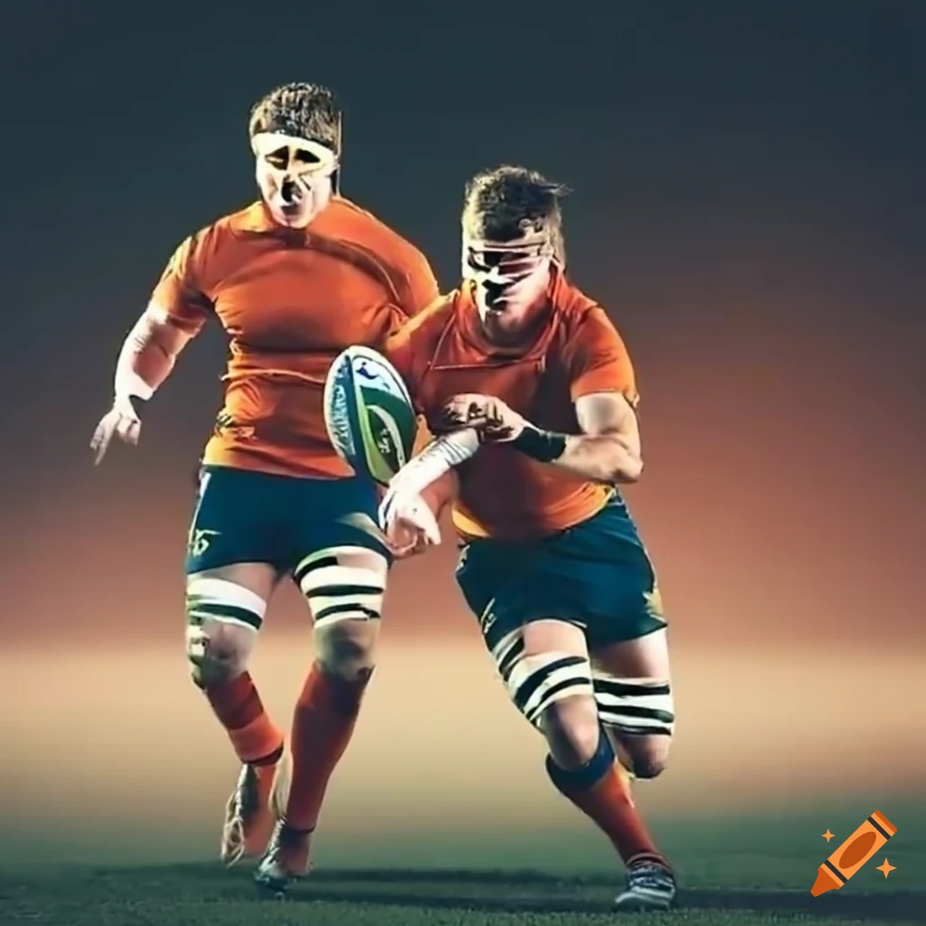 Intense rugby match moment with a strong tackle on the field in orange ...