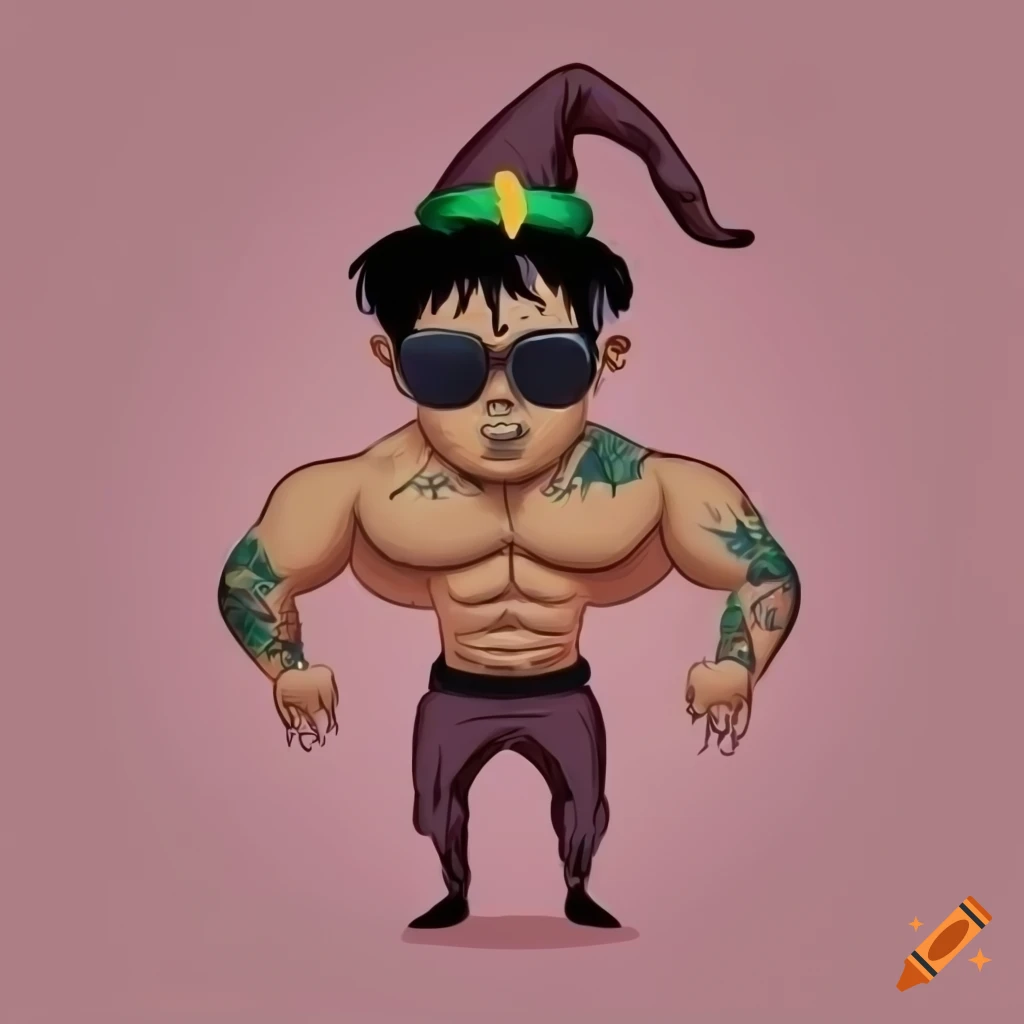 Cartoon character: tan muscular man with tattoos, wizard hat, and ...