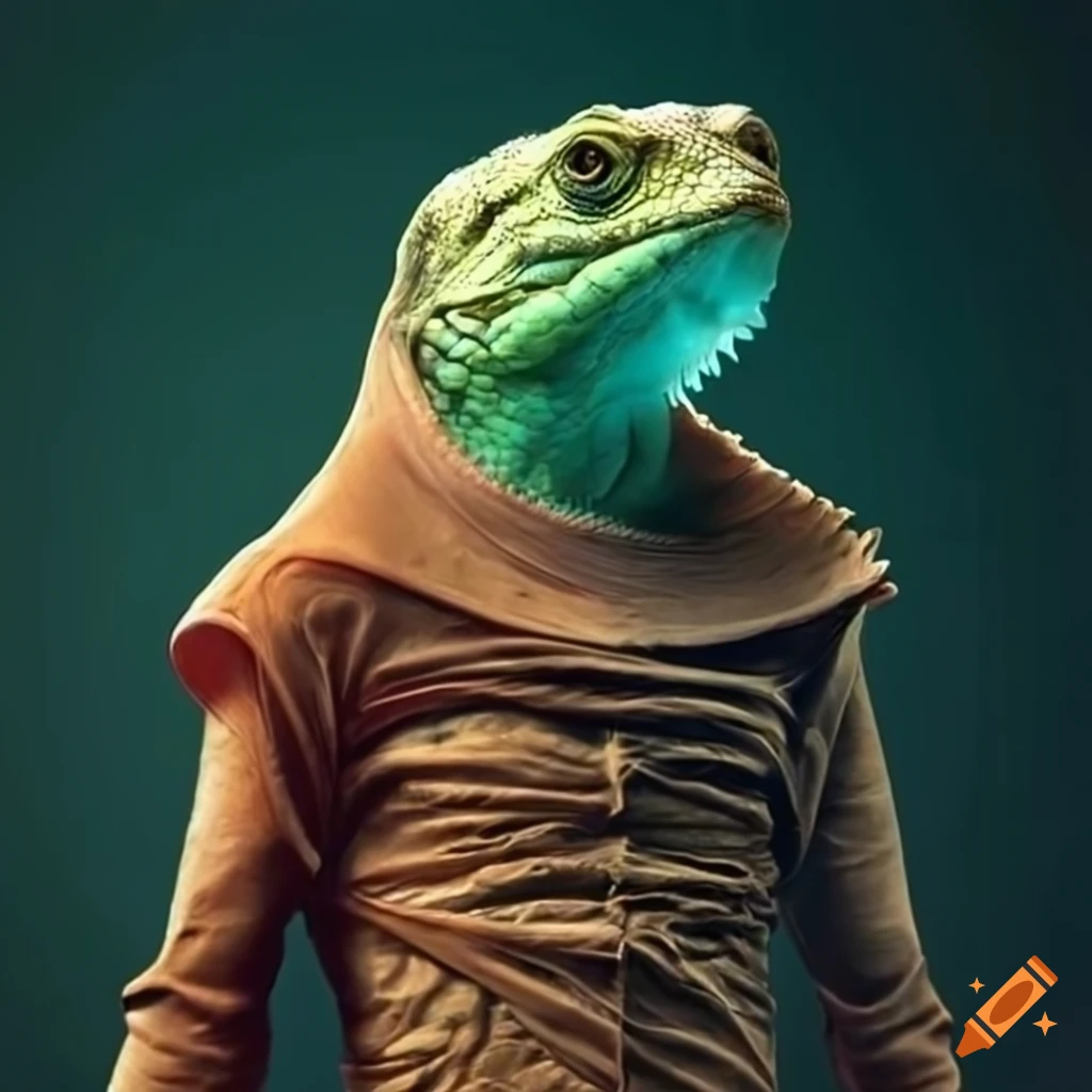 Portrait of a reptile-like extraterrestrial creature in clothes on Craiyon