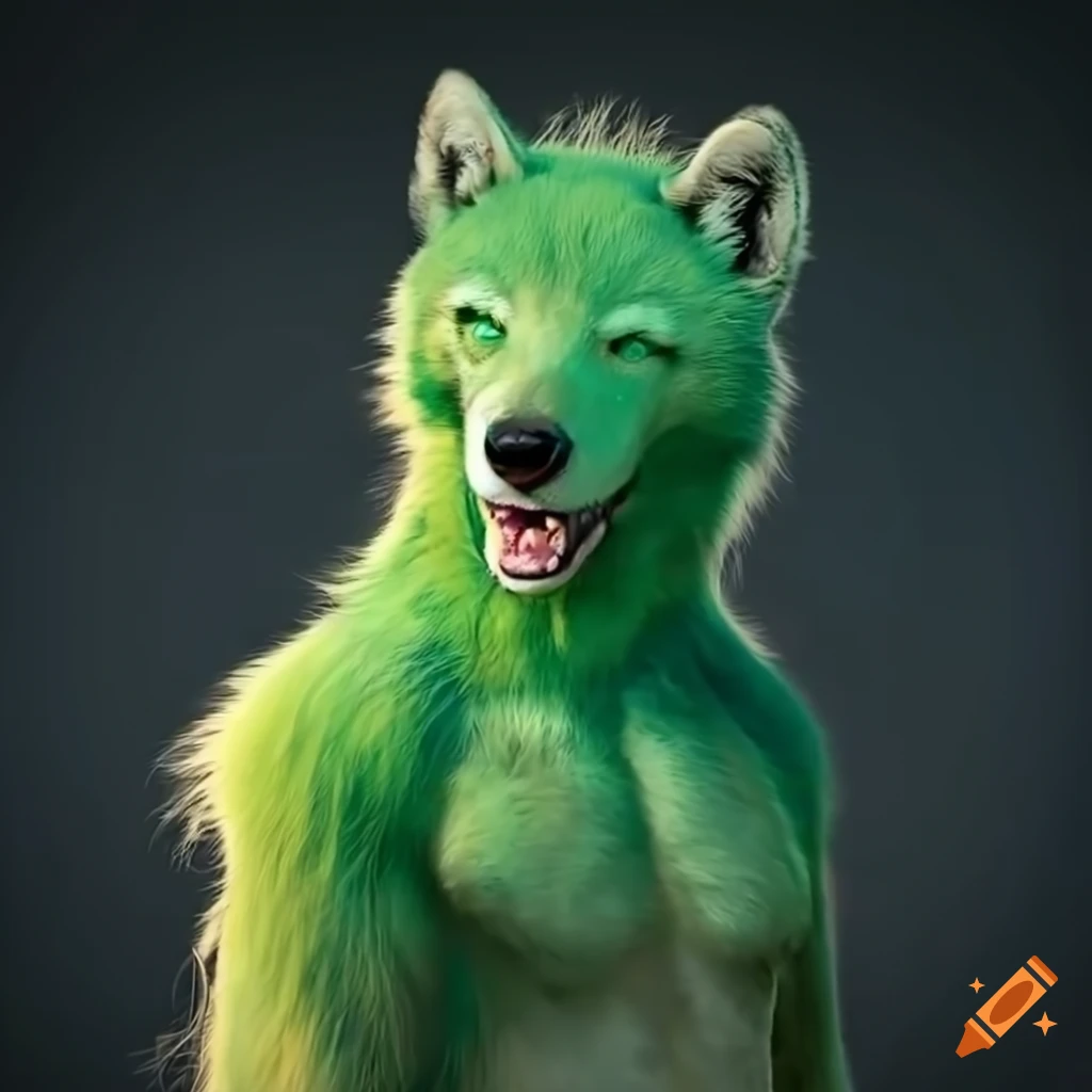 Adorable anthropomorphic wolf with lush green fur and a fluffy tail on ...