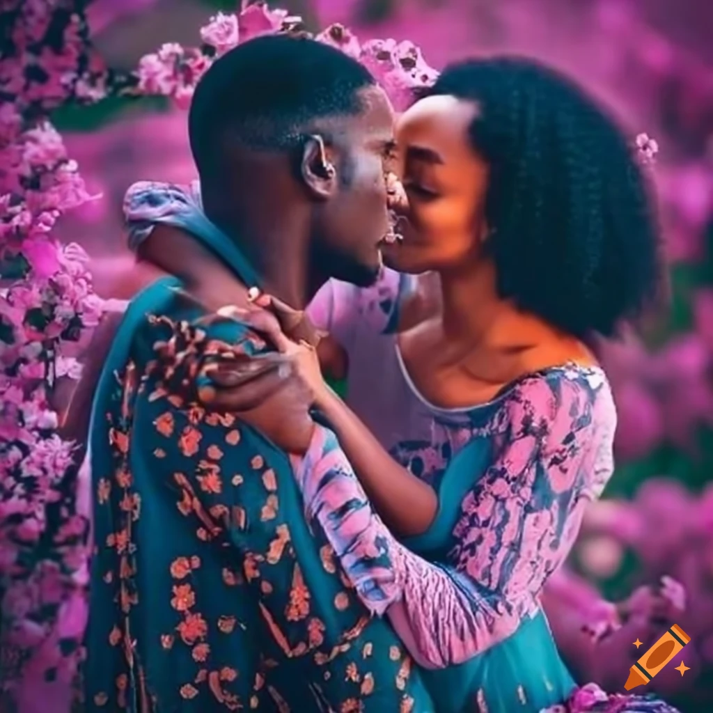 Passionate African couple surrounded by blossoming flowers at night on ...