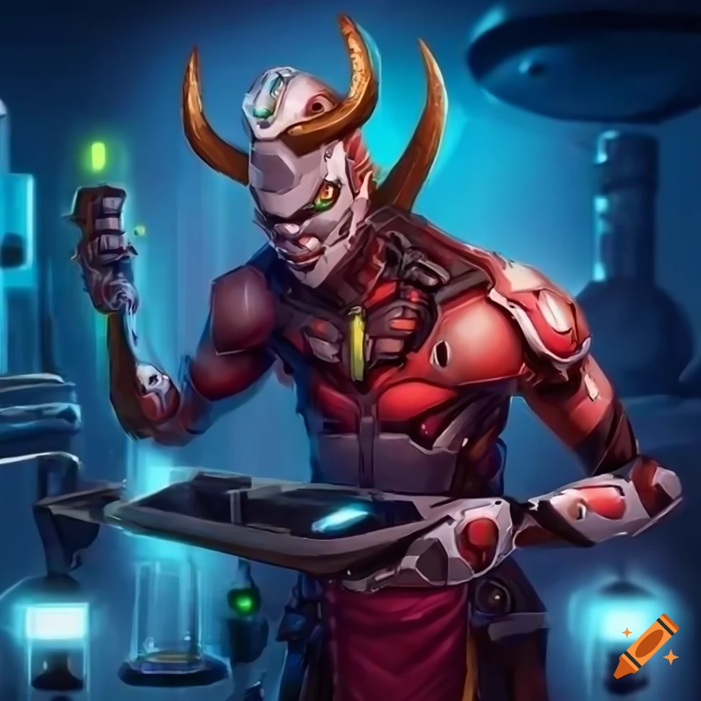 Demon cyborg priest performing magic in a sci-fi laboratory on Craiyon
