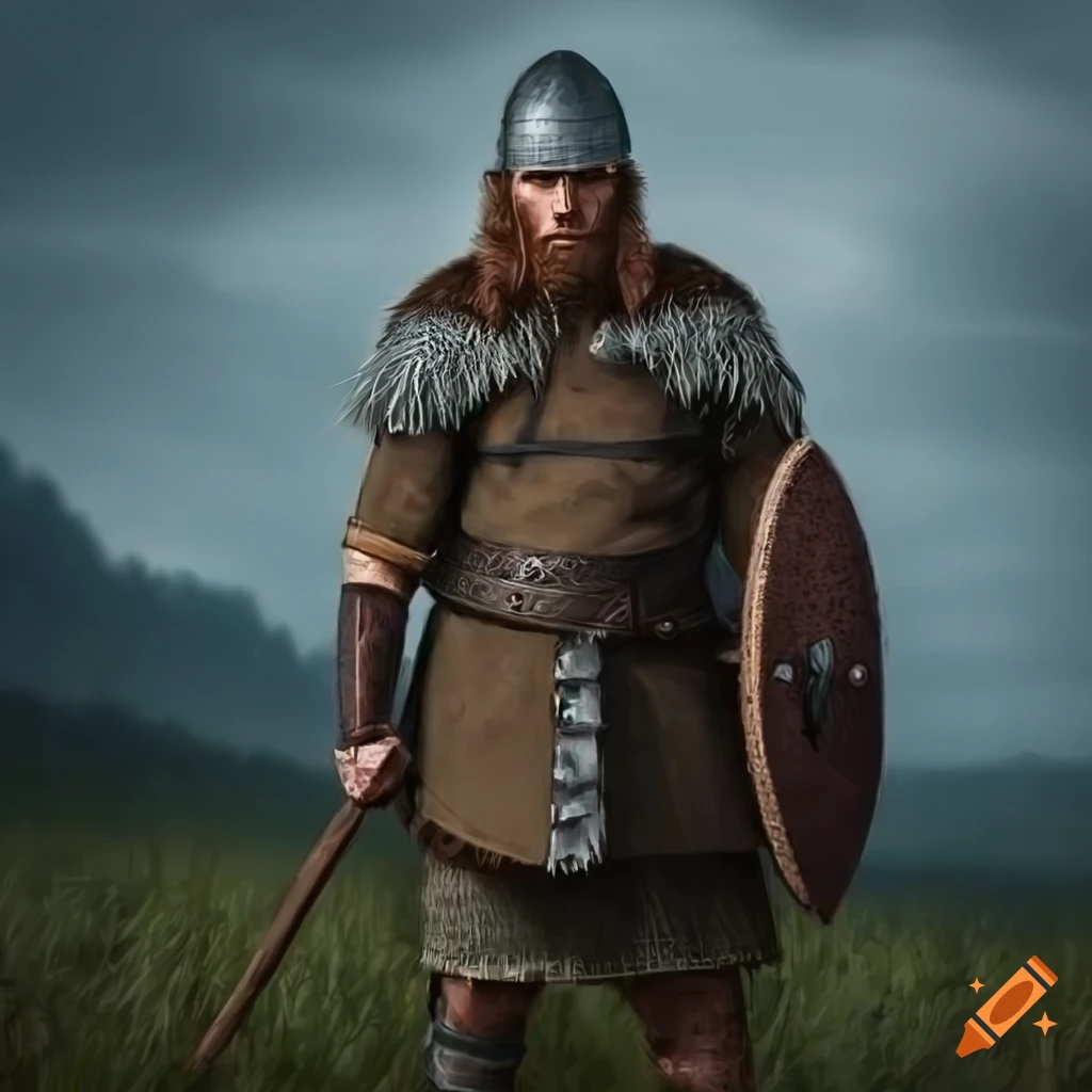 Detailed portrait of male viking soldier in armor standing in a field ...