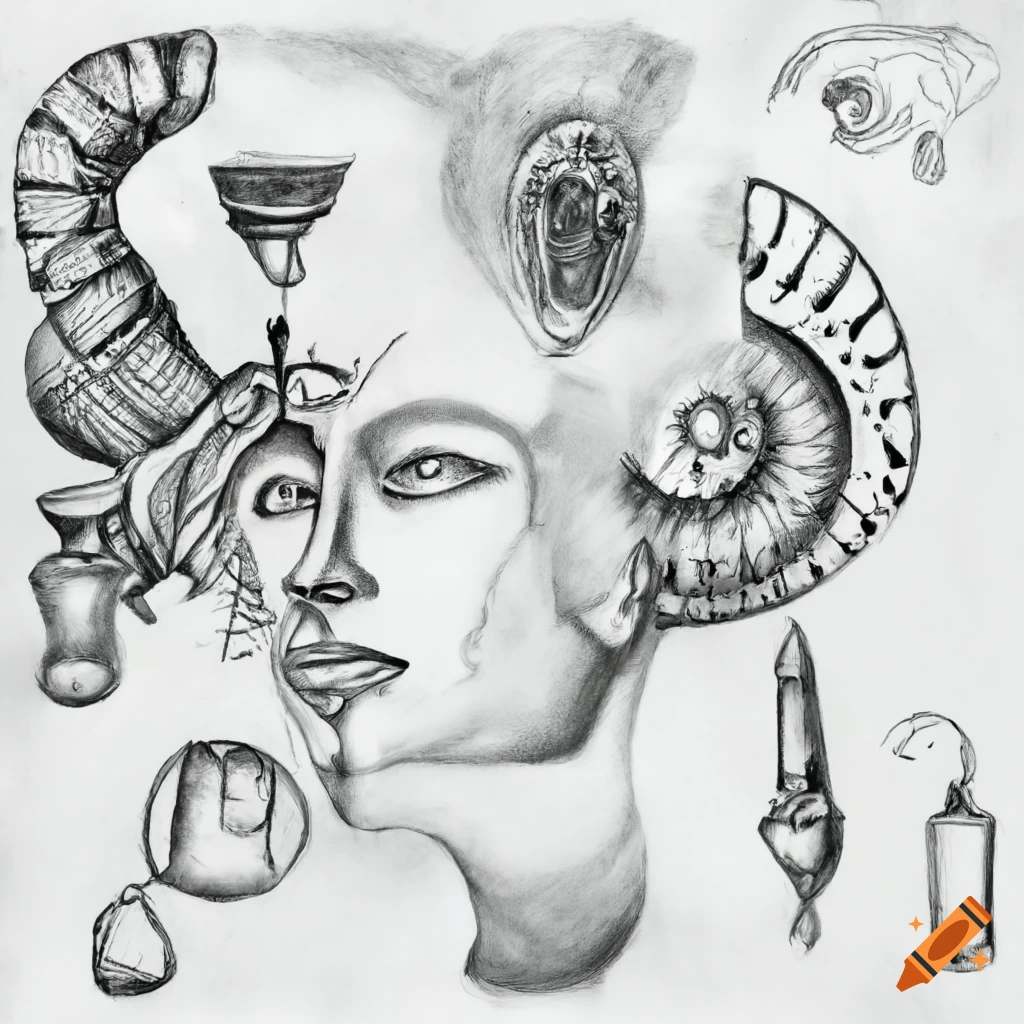 Drawing of esoteric symbols and allegorical objects inspired by Austin ...