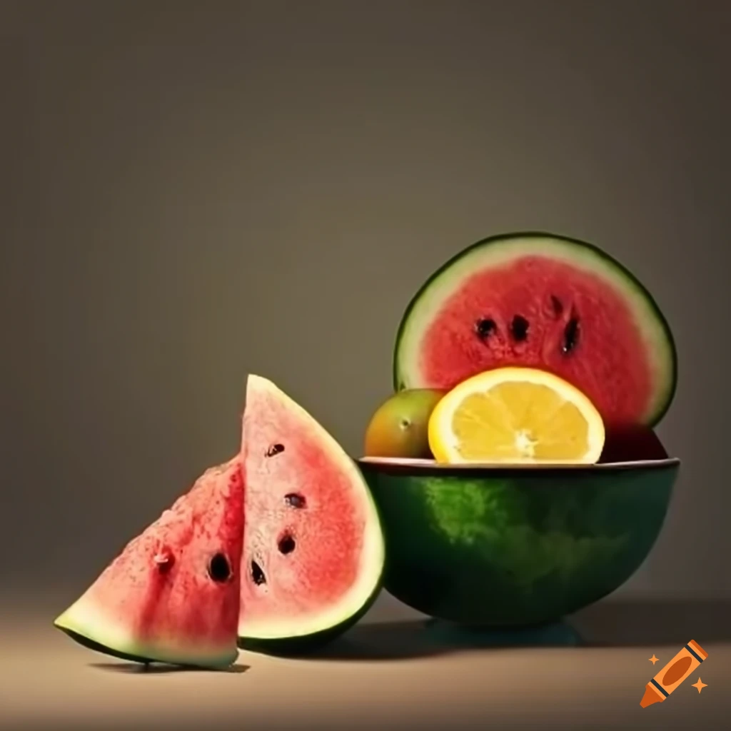 Still life arrangement of watermelon, apples, bowl, and lemon on Craiyon