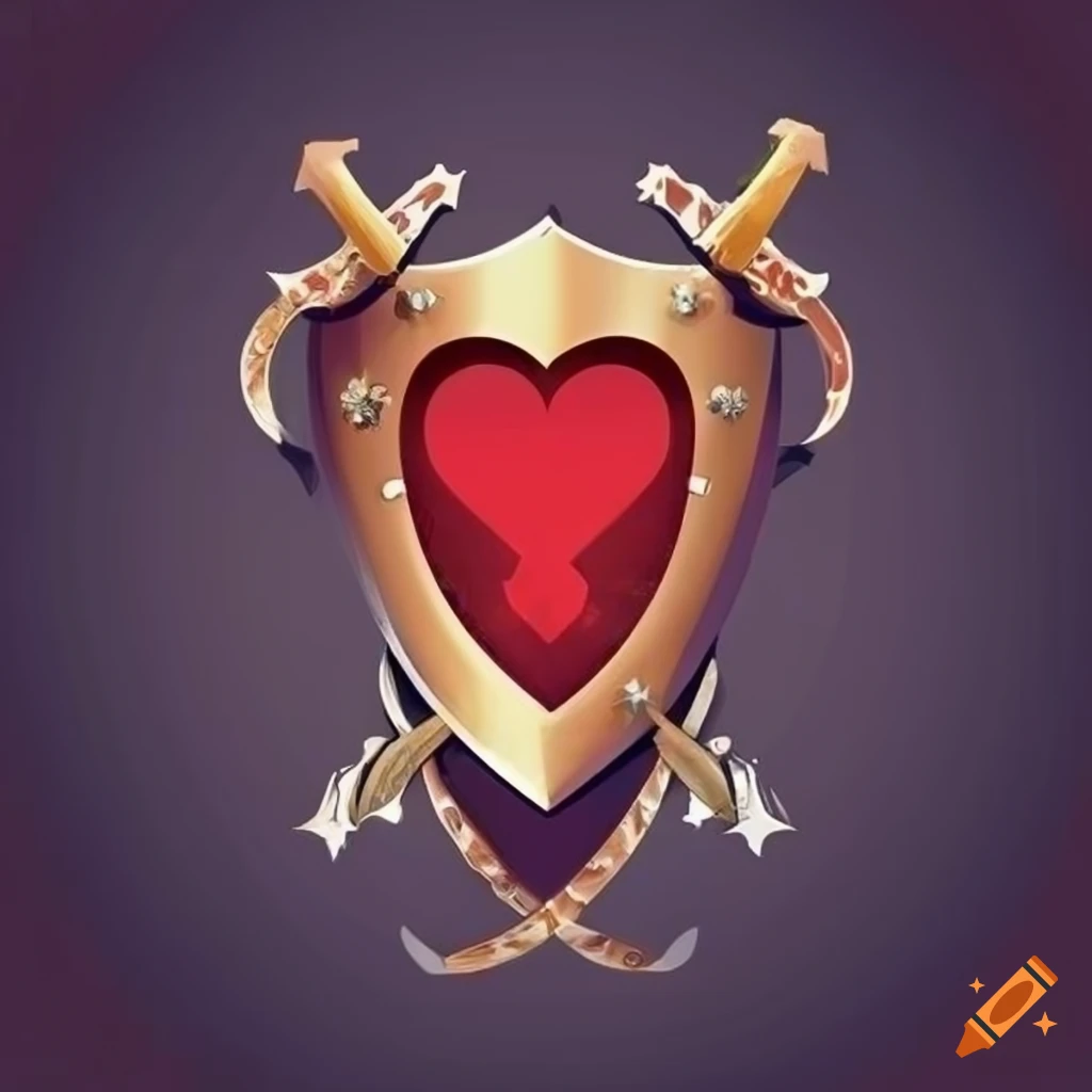 Shield emblem with hearts and sword motifs representing courage and ...