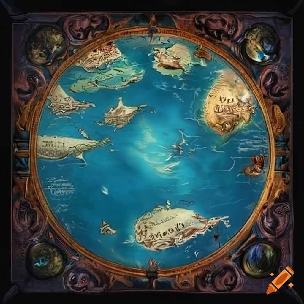 Fantasy world map with continents and armored boat in the center on Craiyon