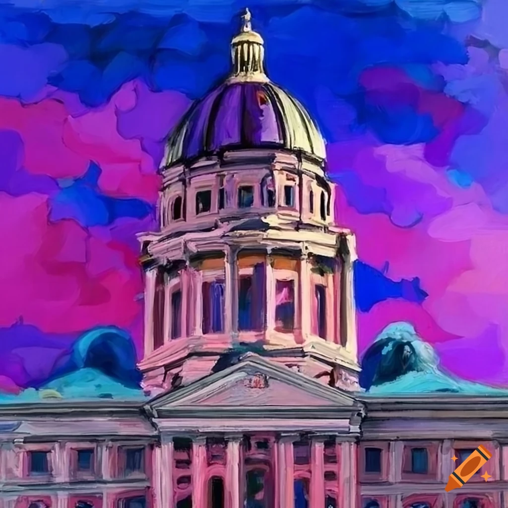 Illinois state capitol painting in blue, purple, and pink hues on Craiyon