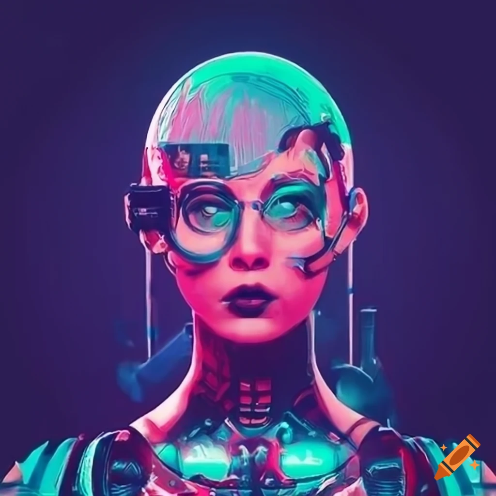 Retro sci-fi apple cyborg in a cyberpunk setting on Craiyon