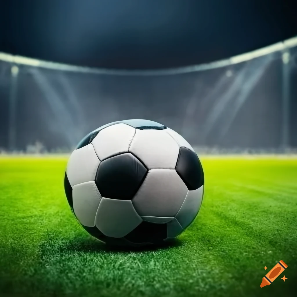 Soccer ball on an empty football field with stands in the background on ...