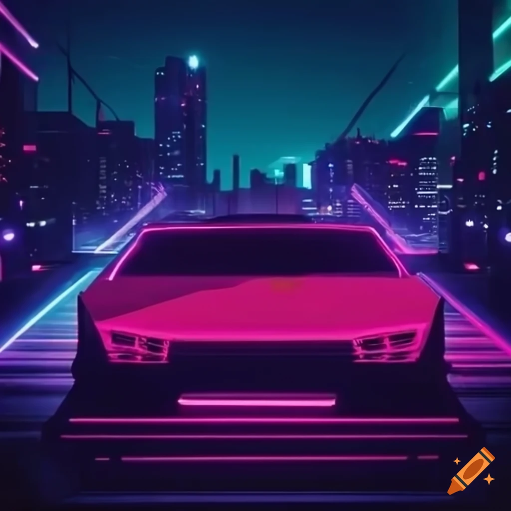 Synthwave car driving through neon city at night on Craiyon