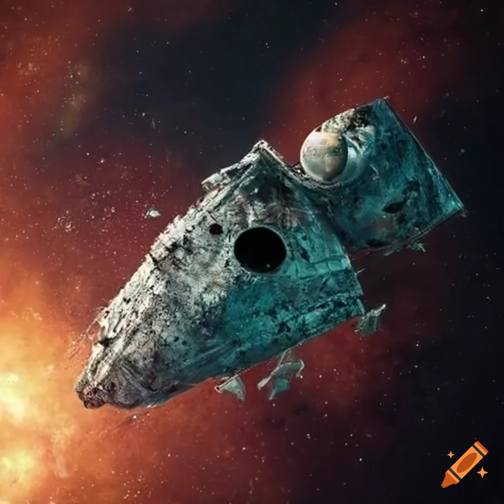 Abandoned spacecraft wreckage on a desolate planet on Craiyon