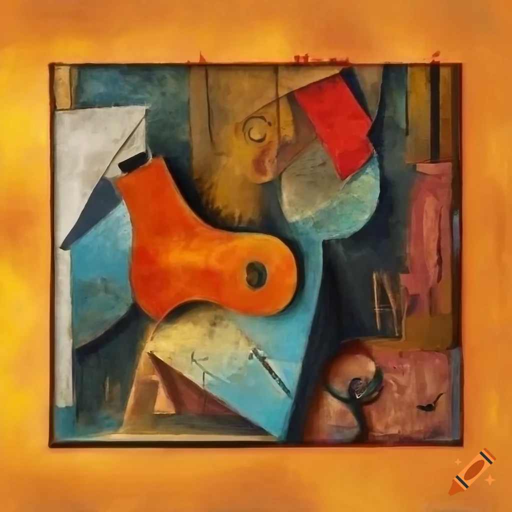 Modern still life with musical instruments and books in a cubist style ...