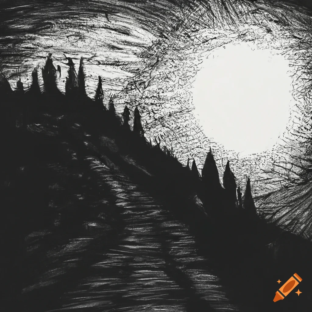 Landscape with hills, forest, and sun, featuring an old man on a path ...