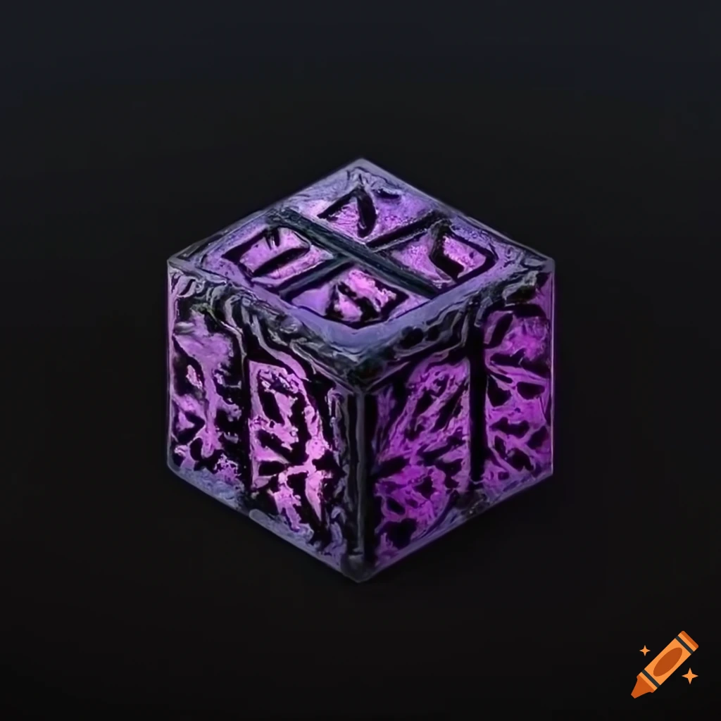 Ornate black cube with violet rune engravings on Craiyon
