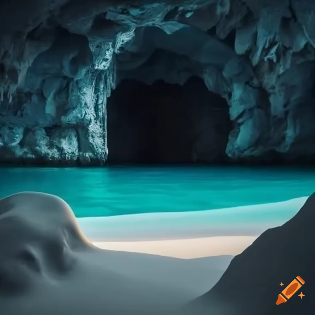 Beach with white sand in an underground dark cave on Craiyon