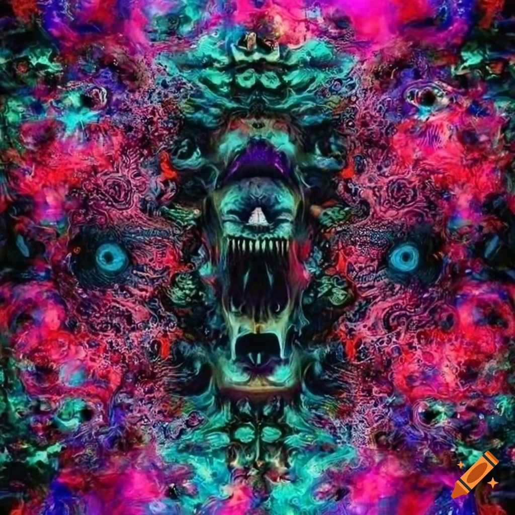 Abstract dark art with chaotic patterns and floating skulls and faces on Craiyon