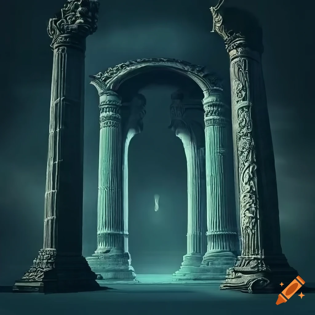 Mysterious landscape with fantastical columns and intricate designs on ...