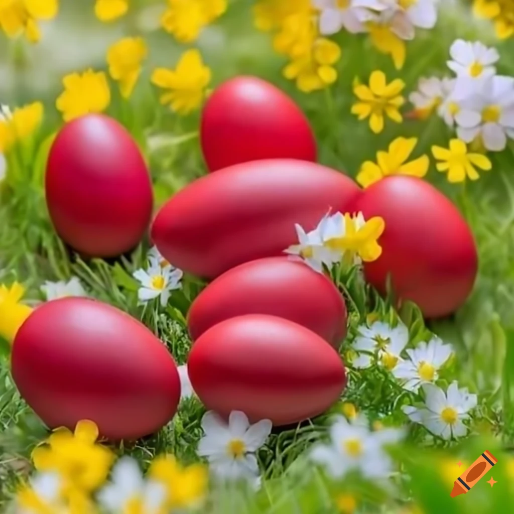 Red easter eggs on spring flowers on Craiyon
