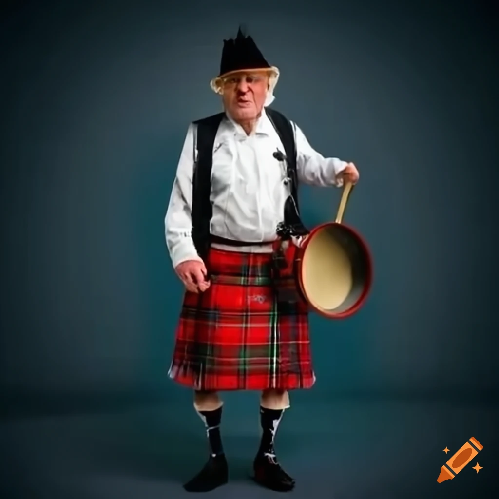 Elderly man playing marching drum in parade with kilt and white shirt ...