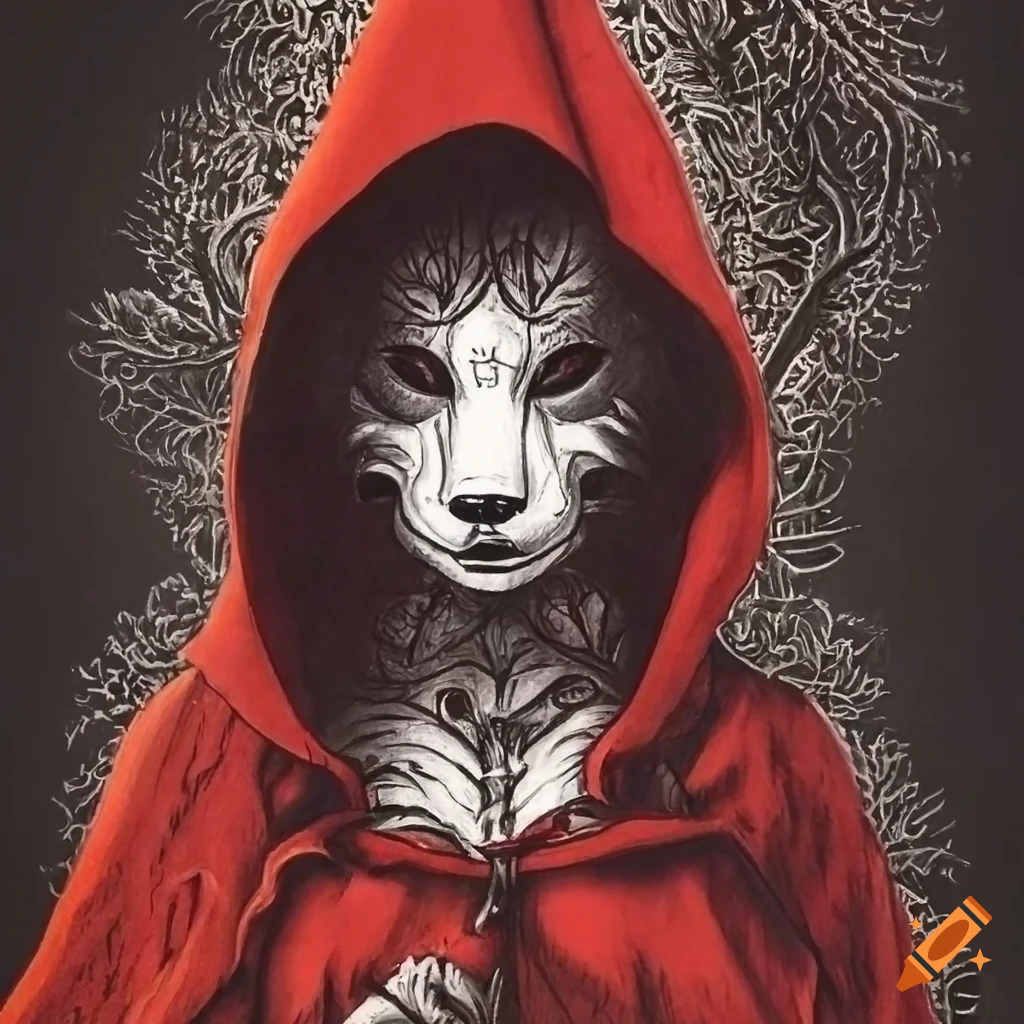 Ink drawing of Little Red Riding Hood with a sword commanding wolves on ...