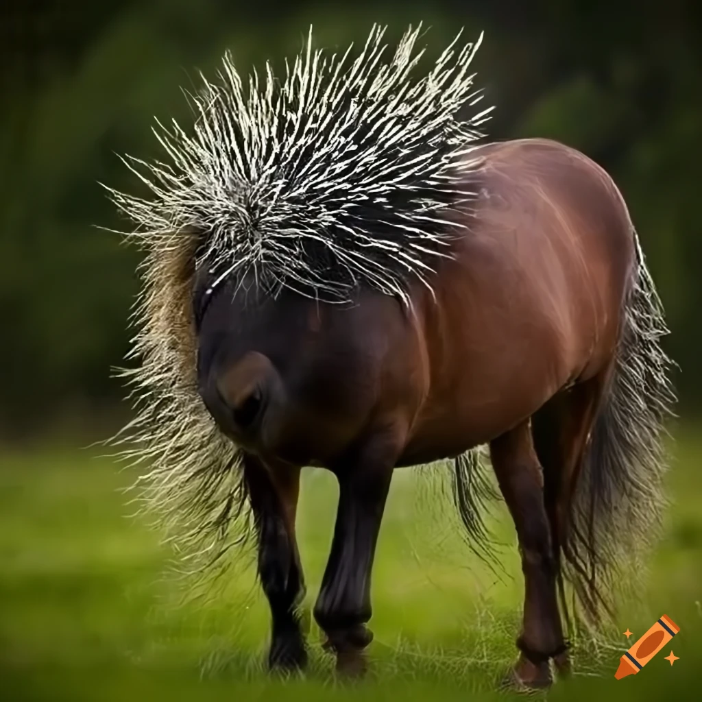 Horse in a field surrounded by porcupine quills - Porcuhorse on Craiyon