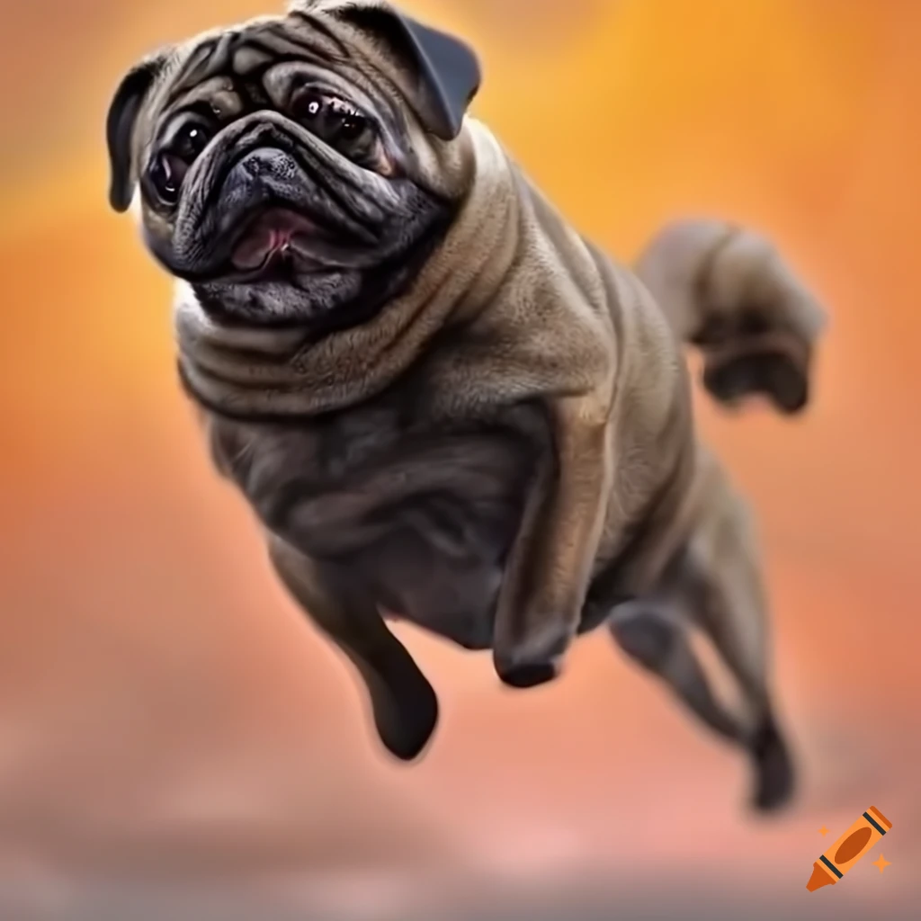 Pug leaping in high quality, detailed image on Craiyon