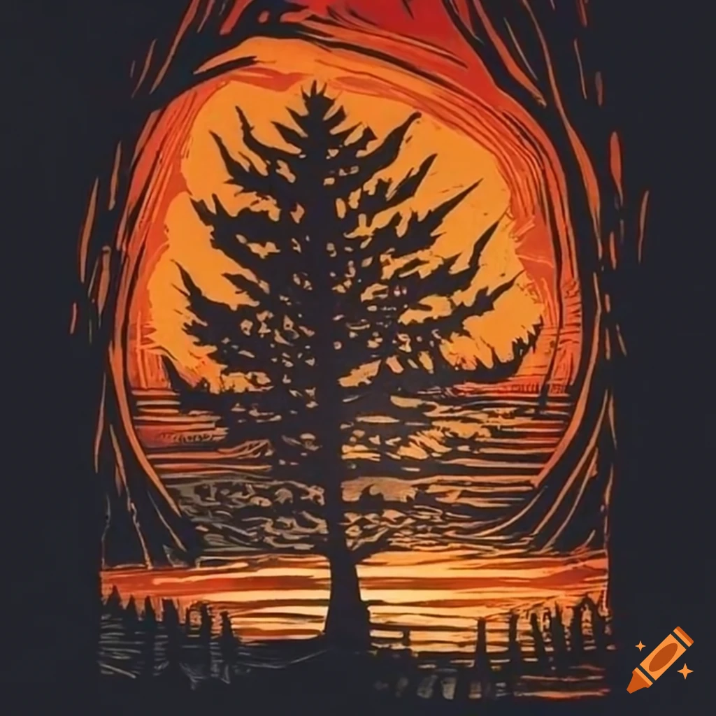 Woodcut print of burning trees on Craiyon