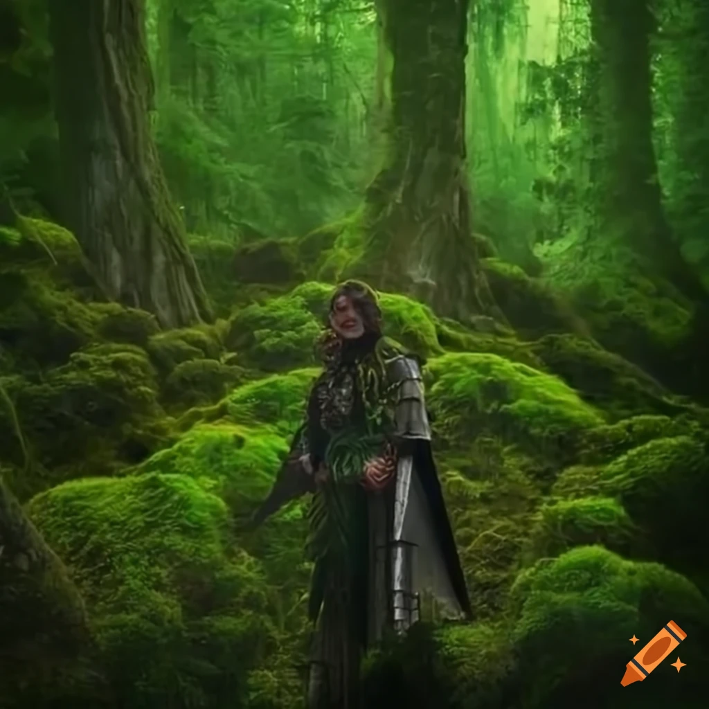 Ancient knight in moss-covered armor with halberd in enchanted forest on Craiyon