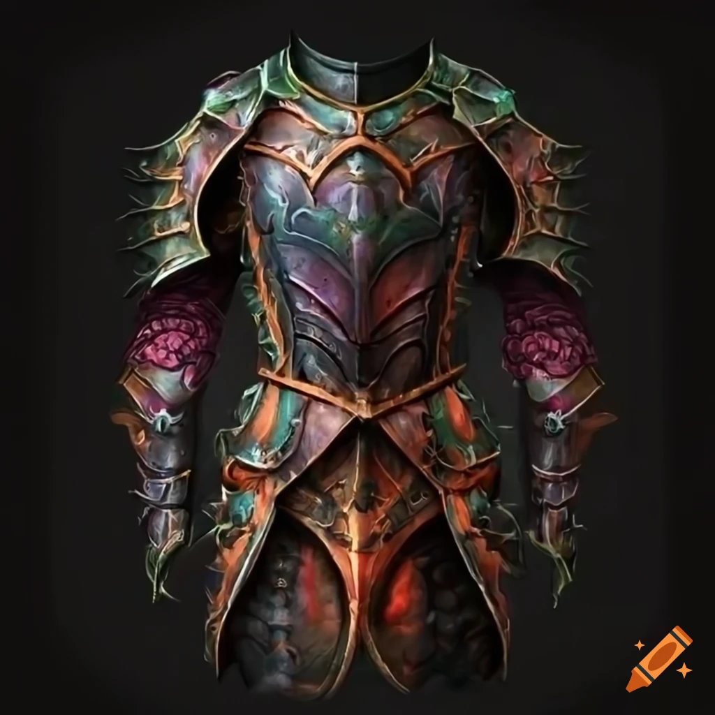 Colorful fantasy armor featuring a black dragon design on Craiyon
