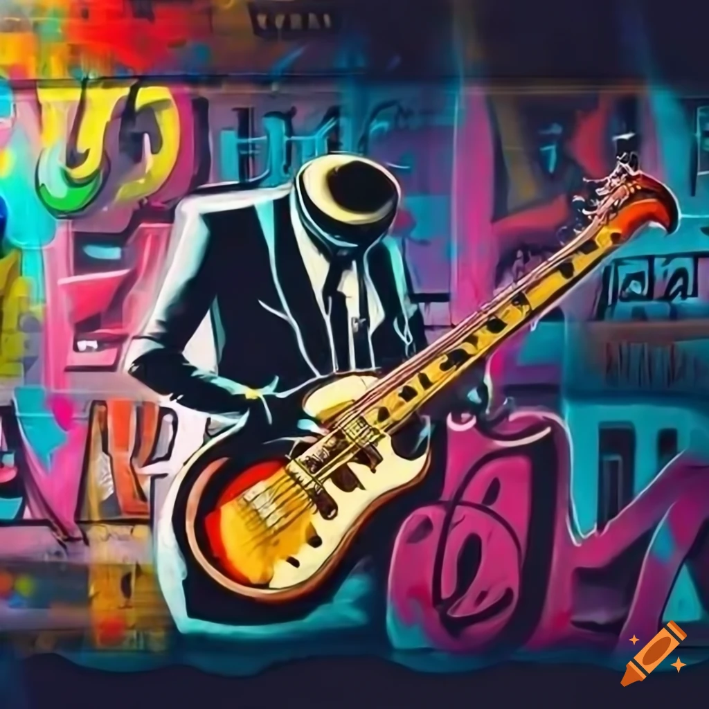 Colorful graffiti wall with jazz instruments like saxo, guitar, and ...