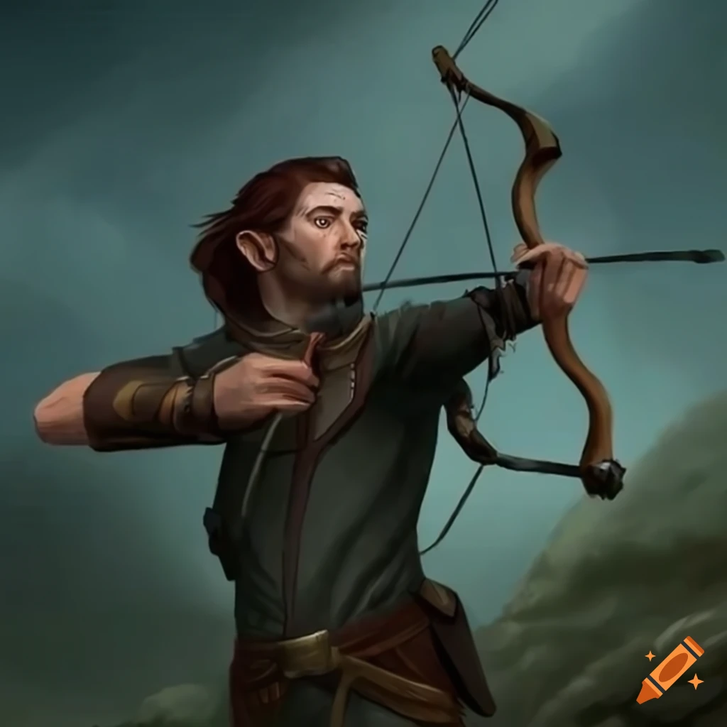 Male archer skillfully shooting an arrow in a stone flatland on Craiyon